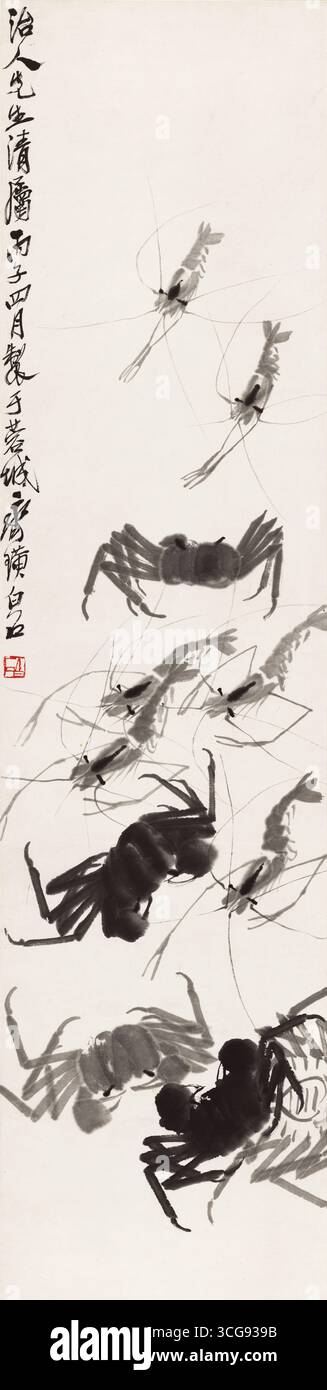 Qi Baishi Style Shrimp and Crabs - Chinese Ink Painting Vertical Scroll ...