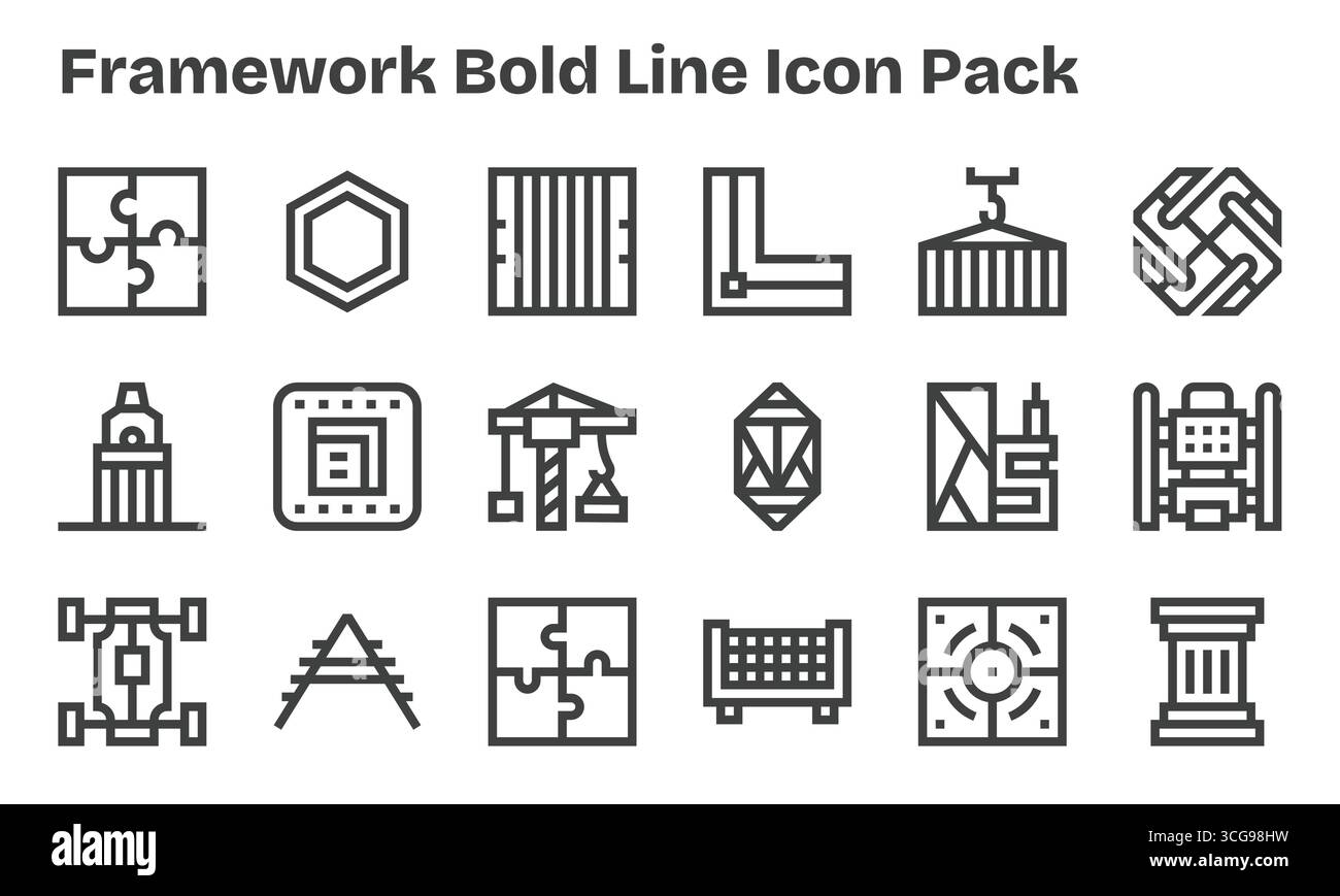 A clean collection of 18 Bold Line icons representing Framework ...