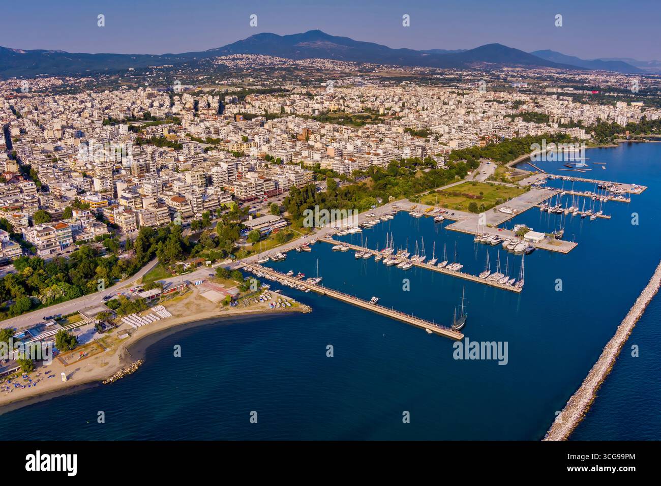 Aerial view of Thessaloniki’s eastern waterfront with marina, urban ...