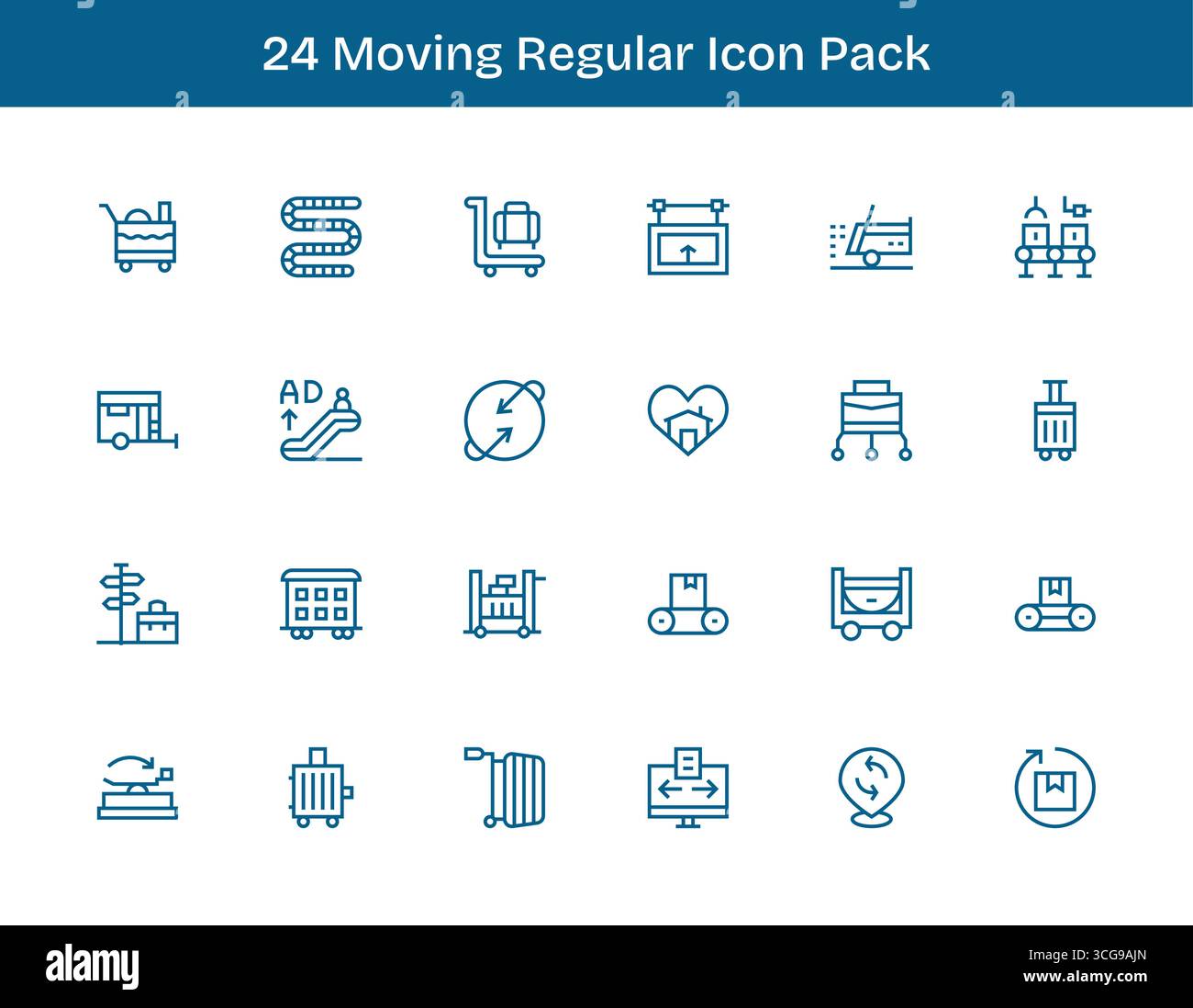 A clean collection of 24 Regular Outline icons representing Moving ...