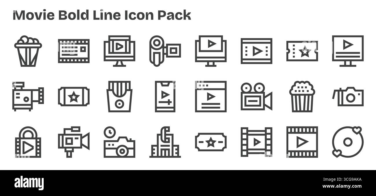 A clean collection of 24 Bold Outline icons representing Movie ...