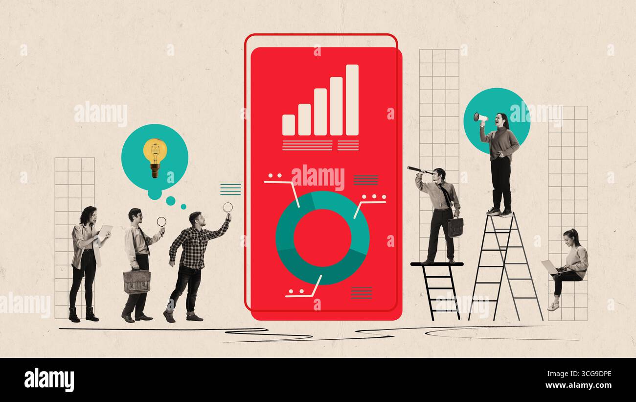 Business people with charts, graphs, and symbols around giant ...
