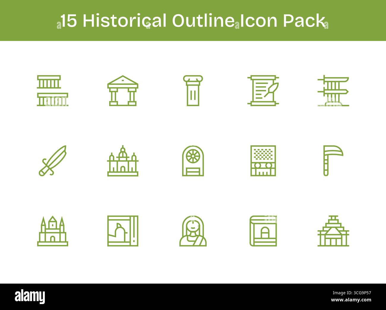 A dynamic set of 15 icons in Outline style, tailored for Historical and ...
