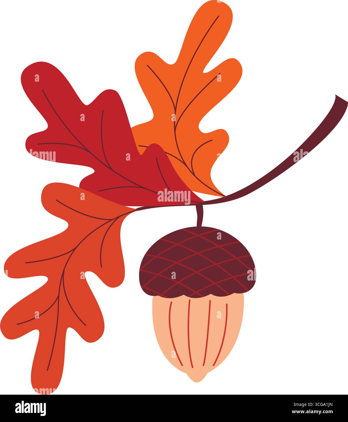 Acorn on branch with leaves clip art. Autumn illustration of oak tree ...