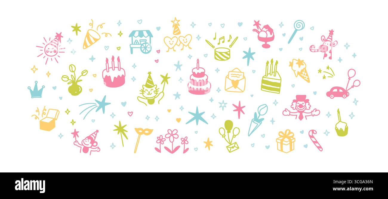 Set of childish whimsical colorful crayon scribbles. Kid cute line ...