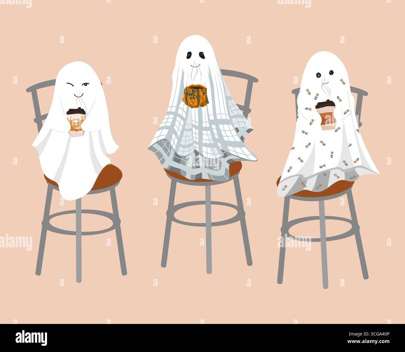 Funny cute sheet ghosts sitting on the tables with a hot drink. Sheet ...