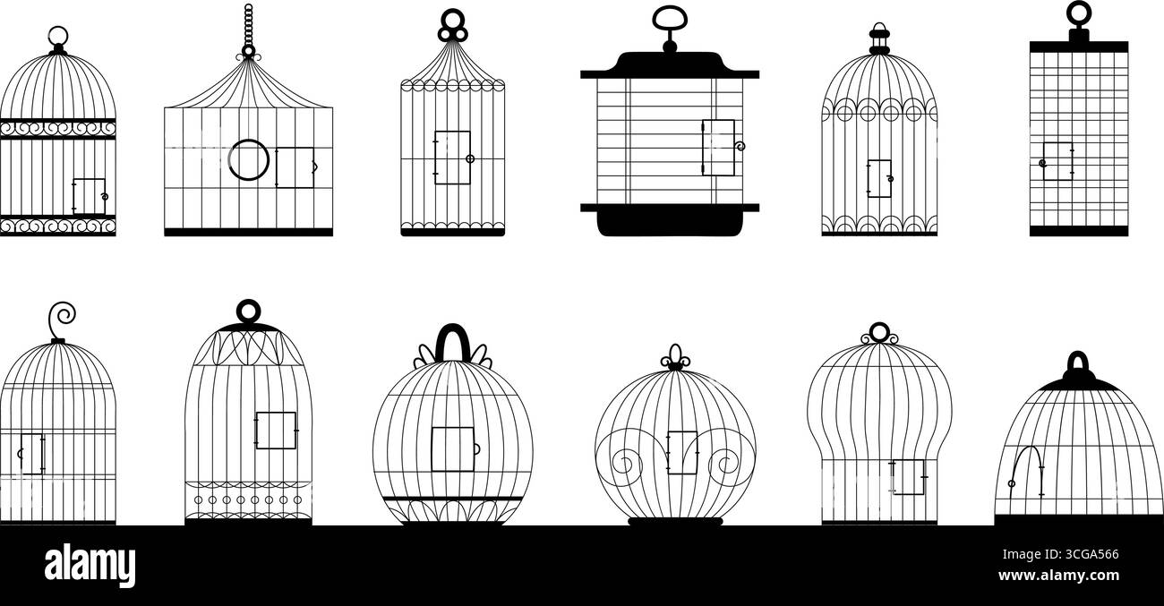 Black cages set. Cage for birds different design. Isolated decorative ...