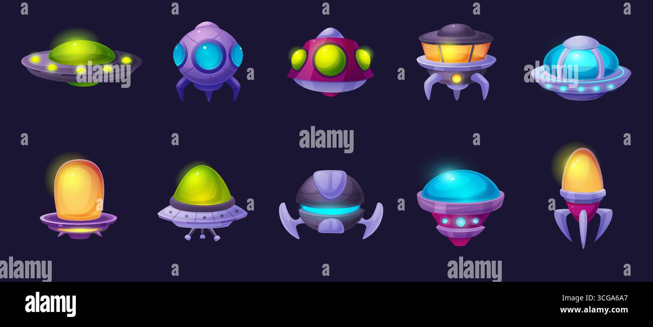 Cartoon alien spaceship. Bright ufo ships with glass spheres and lights ...