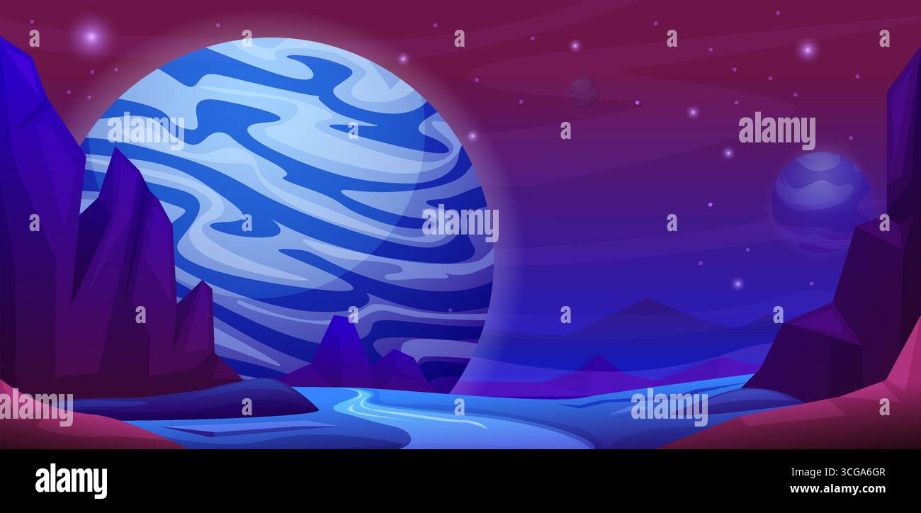 Mystic fantasy landscape. Planet surface with river and mountains ...