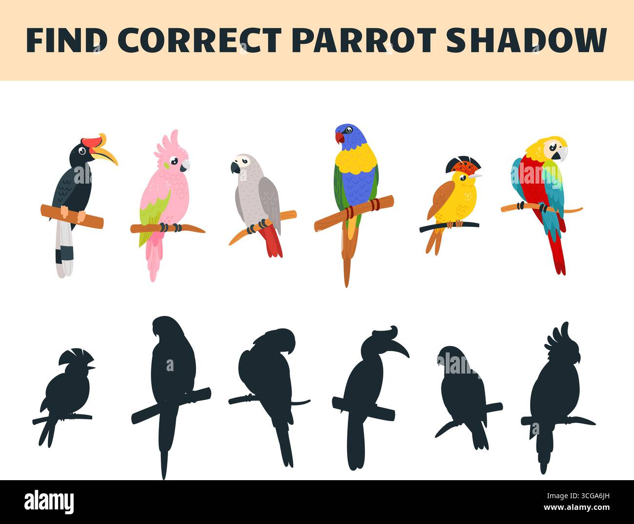 Parrots on wooden sticks. Children educational puzzle game find correct ...