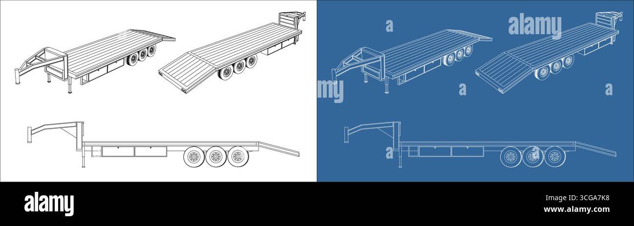 Vector set heavy haul trailer technical line drawing multiple views ...
