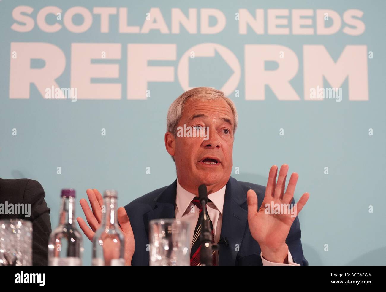 Reform UK party leader Nigel Farage speaks during a press conference at ...