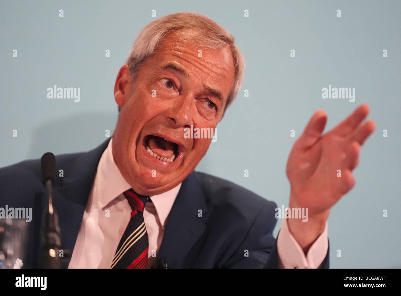 Reform UK party leader Nigel Farage speaks during a press conference at ...