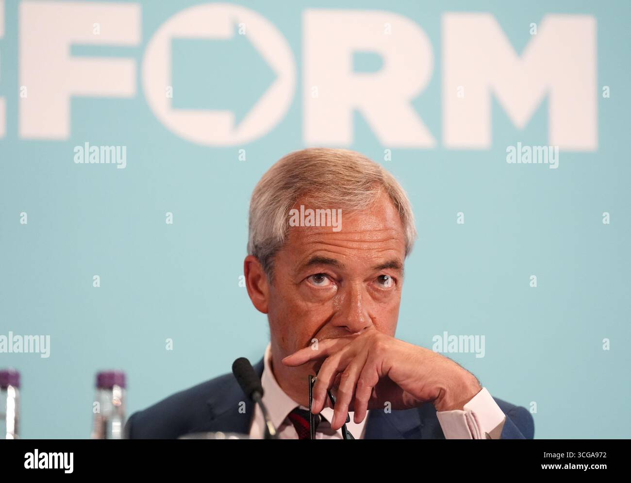 Reform UK party leader Nigel Farage speaks during a press conference at ...