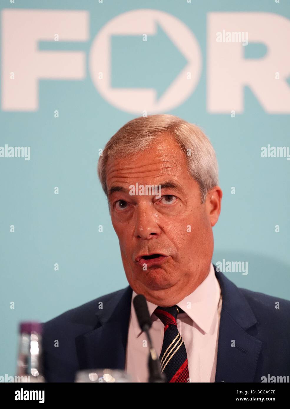 Reform UK party leader Nigel Farage speaks during a press conference at ...
