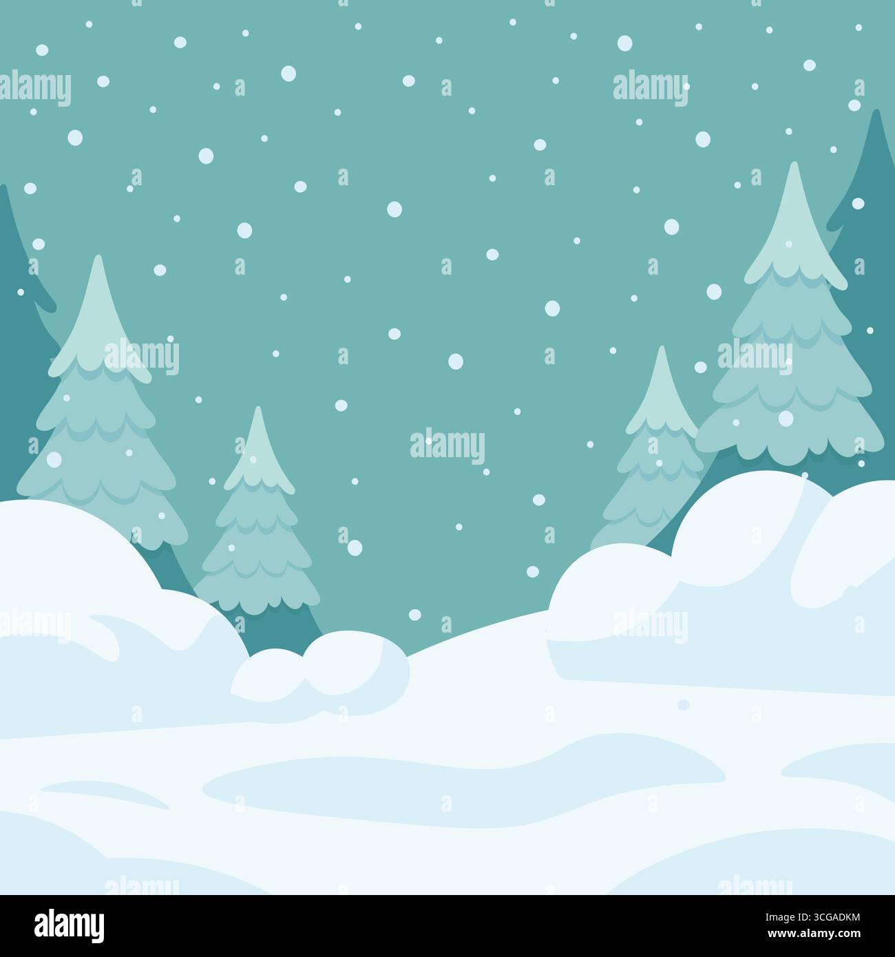 Snow covered hills and fir trees in winter scene with falling ...