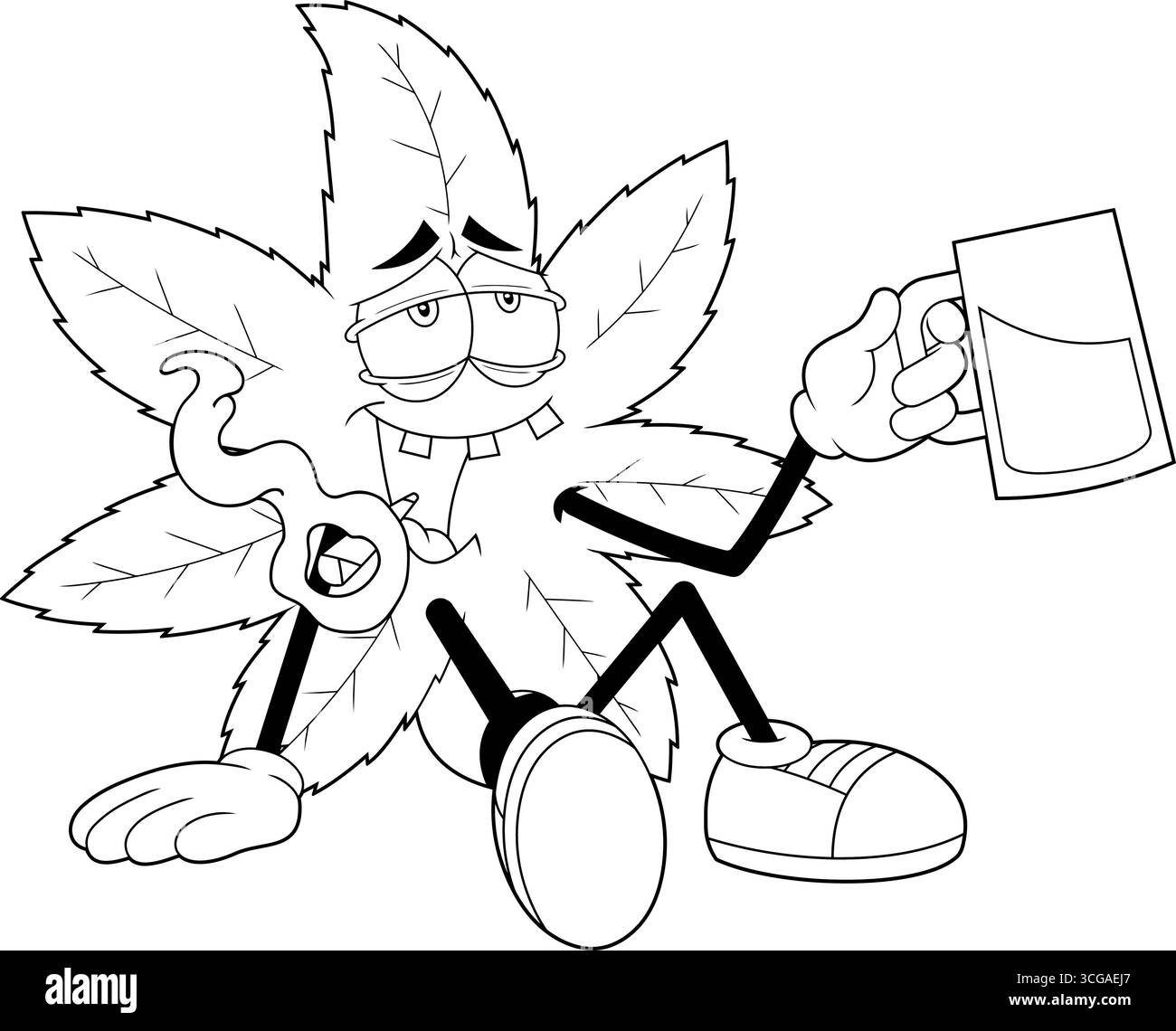 Outlined Happy Marijuana Leaf Cartoon Character Smoking A Joint Holding ...