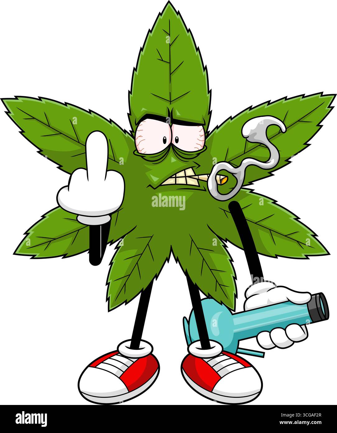 Angry Marijuana Leaf Cartoon Character With A Joint Showing Middle ...