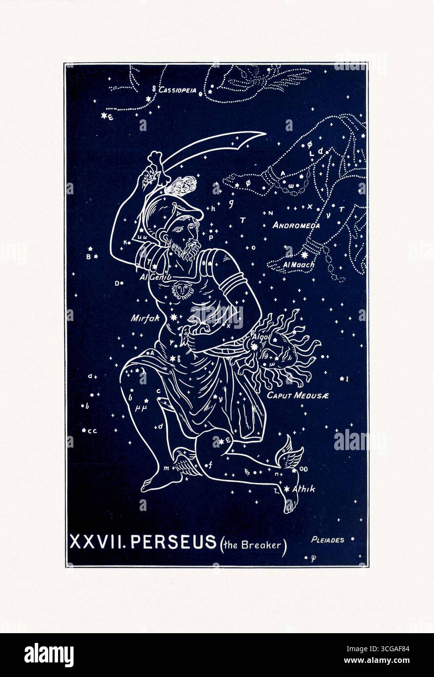 Antique constellation map of Perseus, celestial star chart illustration ...
