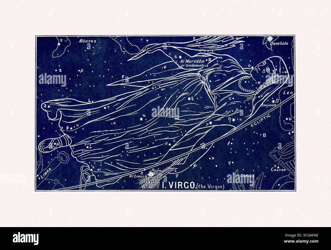 Antique constellation map of Virgo, celestial star chart illustration ...
