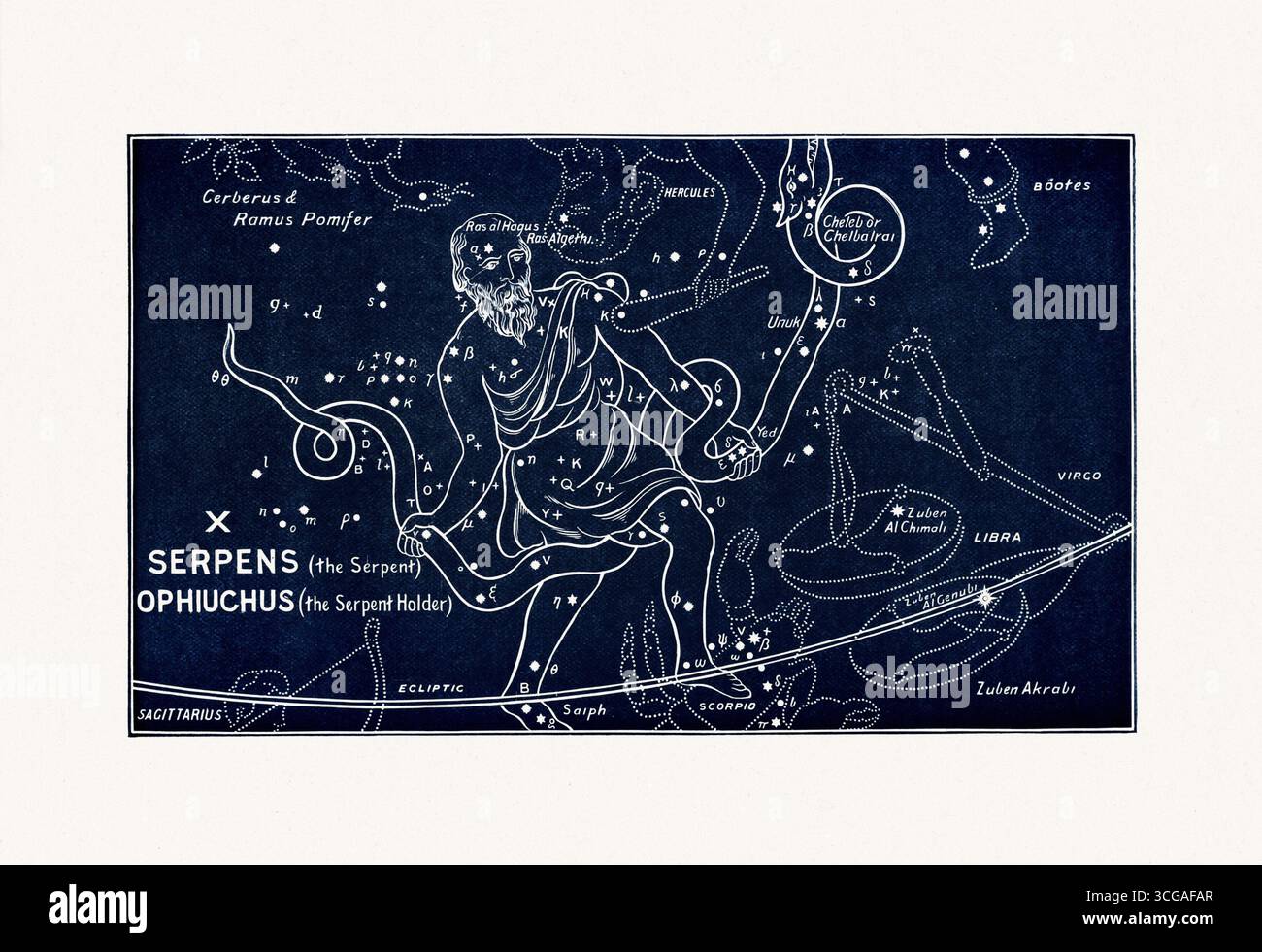 Antique constellation map of Serpens, celestial star chart illustration ...