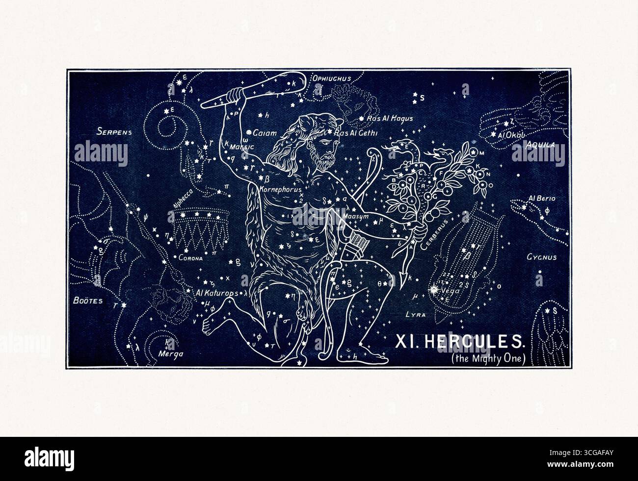 Antique constellation map of Hercules, celestial star chart ...