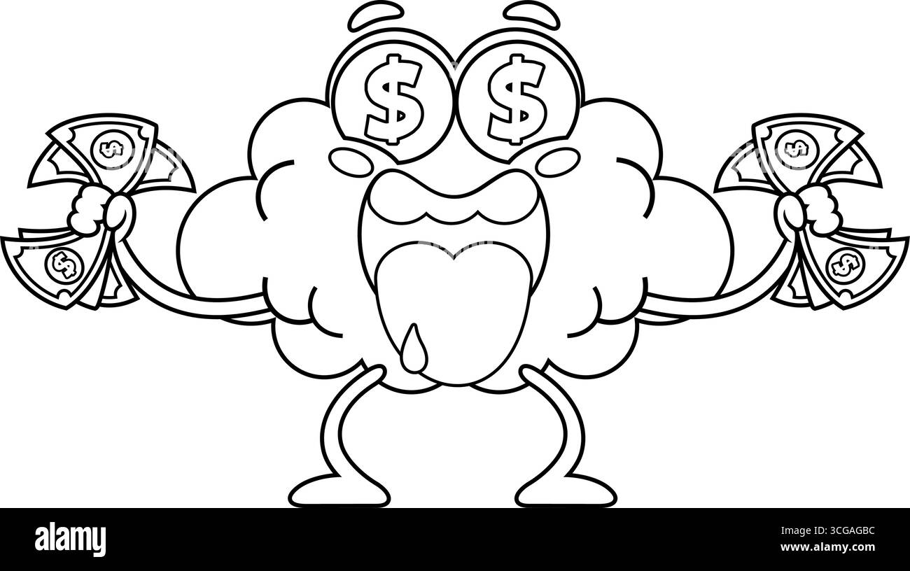 Outlined Rich Brain Cartoon Character With Dollar Eyes And Cash Money ...