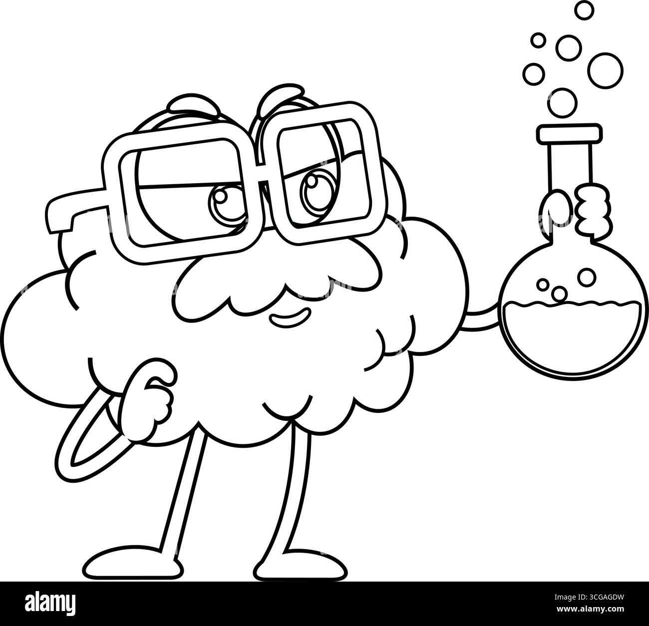 Outlined Scientist Or Professor Brain Cartoon Character Holding A Flask ...