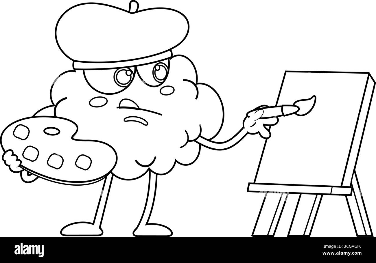 Outlined Artist Brain Cartoon Character Paint On A Canvas. Vector Hand ...