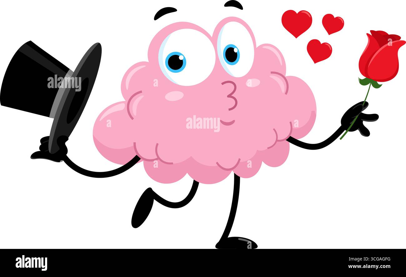 Romantic Brain Cartoon Character Holding A Rose. Vector Illustration ...