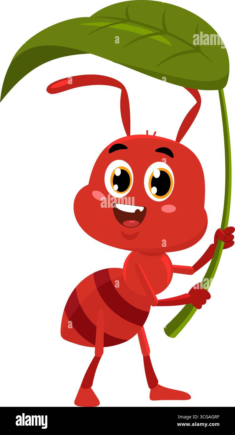 Cute Ant Cartoon Character Holding A Big Leaf. Vector Illustration Flat ...