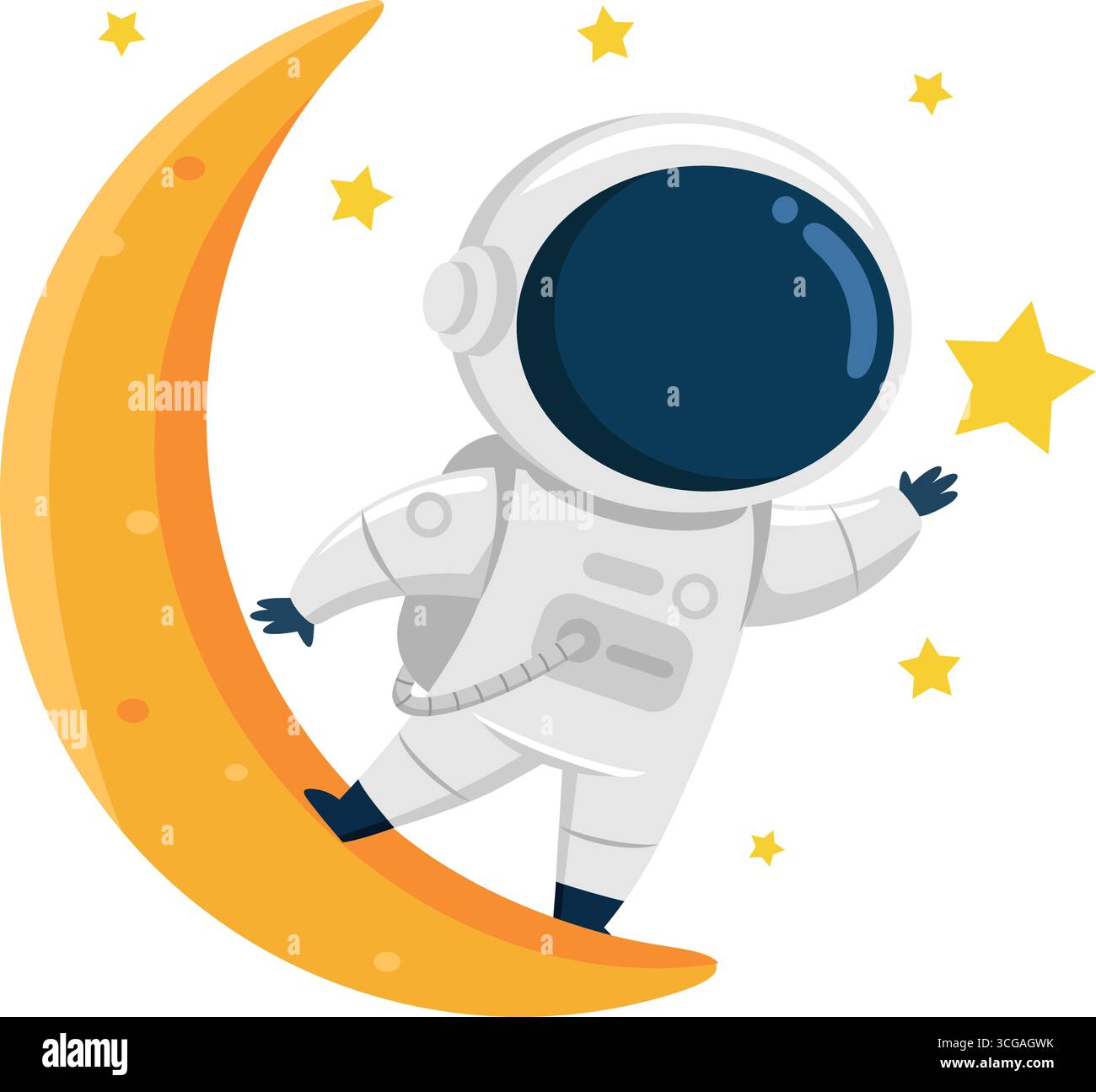 Cute Astronaut Cartoon Character Standing On A Moon And Waving. Vector ...