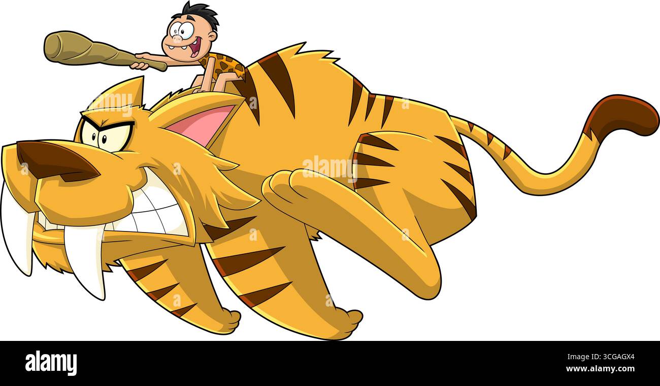 Happy Caveman Kid Ride Saber-Toothed Tiger. Cartoon Characters Vector ...