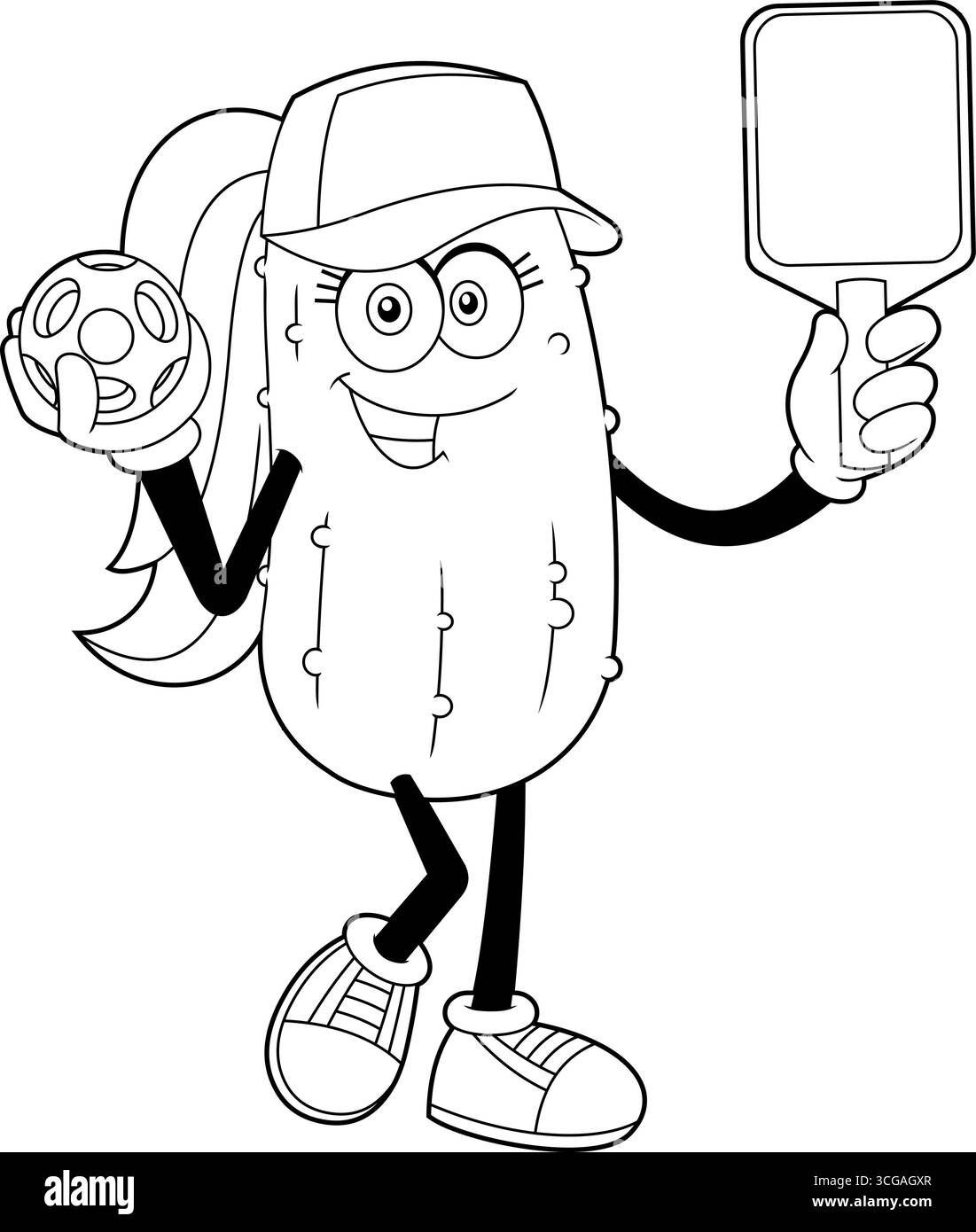 Outlined Cute Pickle Girl Cartoon Character Present Pickleball Sport ...