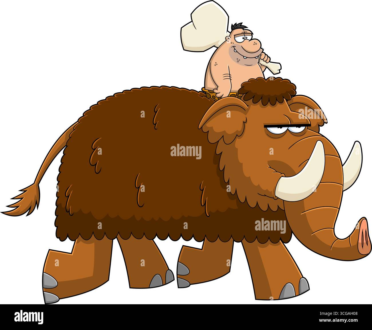 Funny Caveman Riding A Mammoth Cartoon Characters. Vector Hand Drawn ...