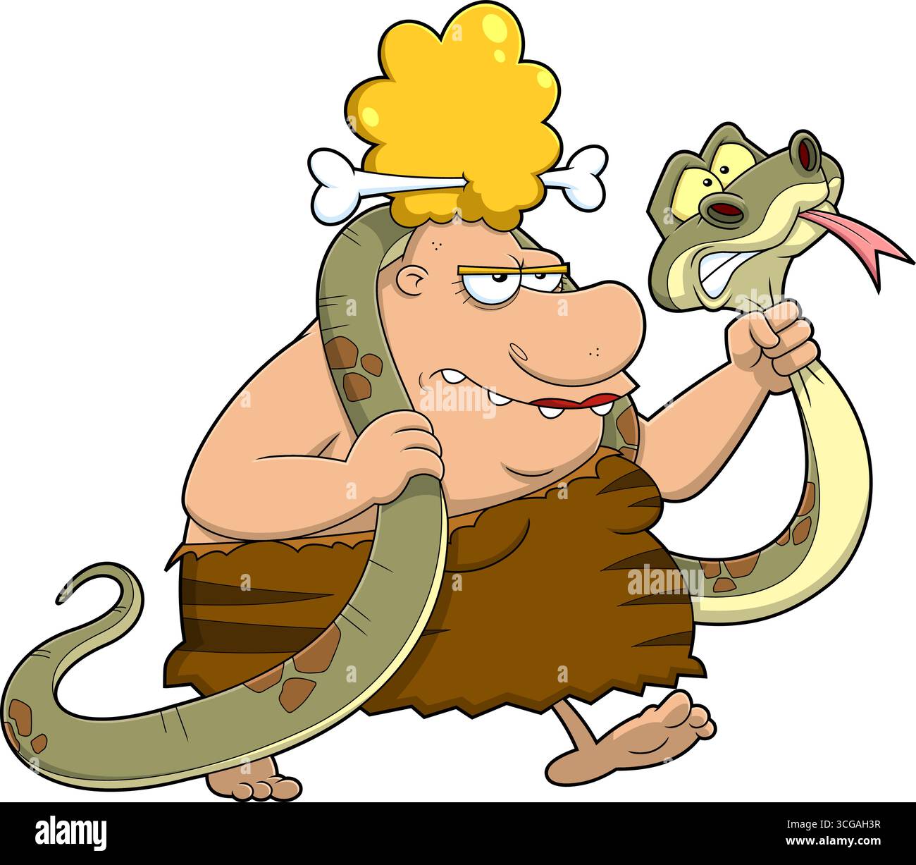 Angry Cave Woman Catching A Big Snake Cartoon Characters. Vector Hand ...