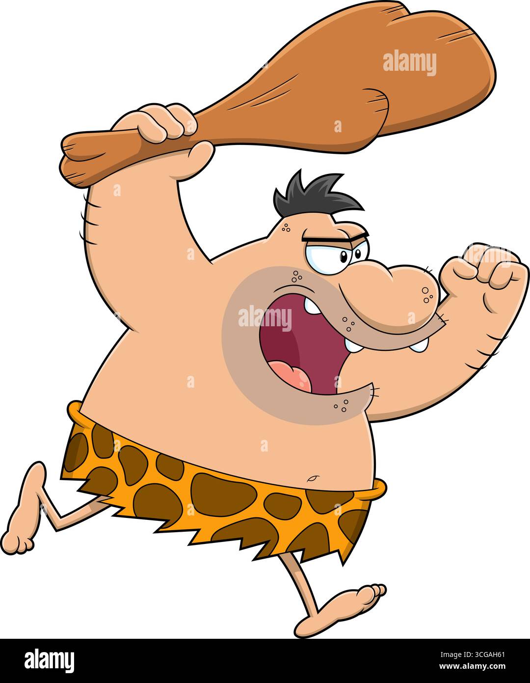 Angry Caveman Cartoon Character Running With Club. Vector Hand Drawn ...