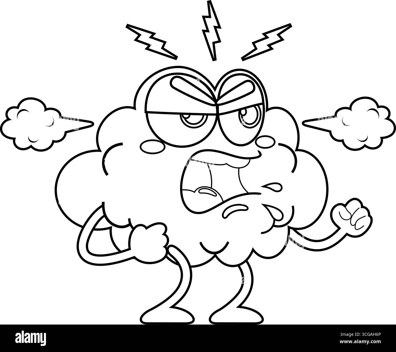 Outlined Angry Brain Cartoon Character Screaming. Vector Hand Drawn ...