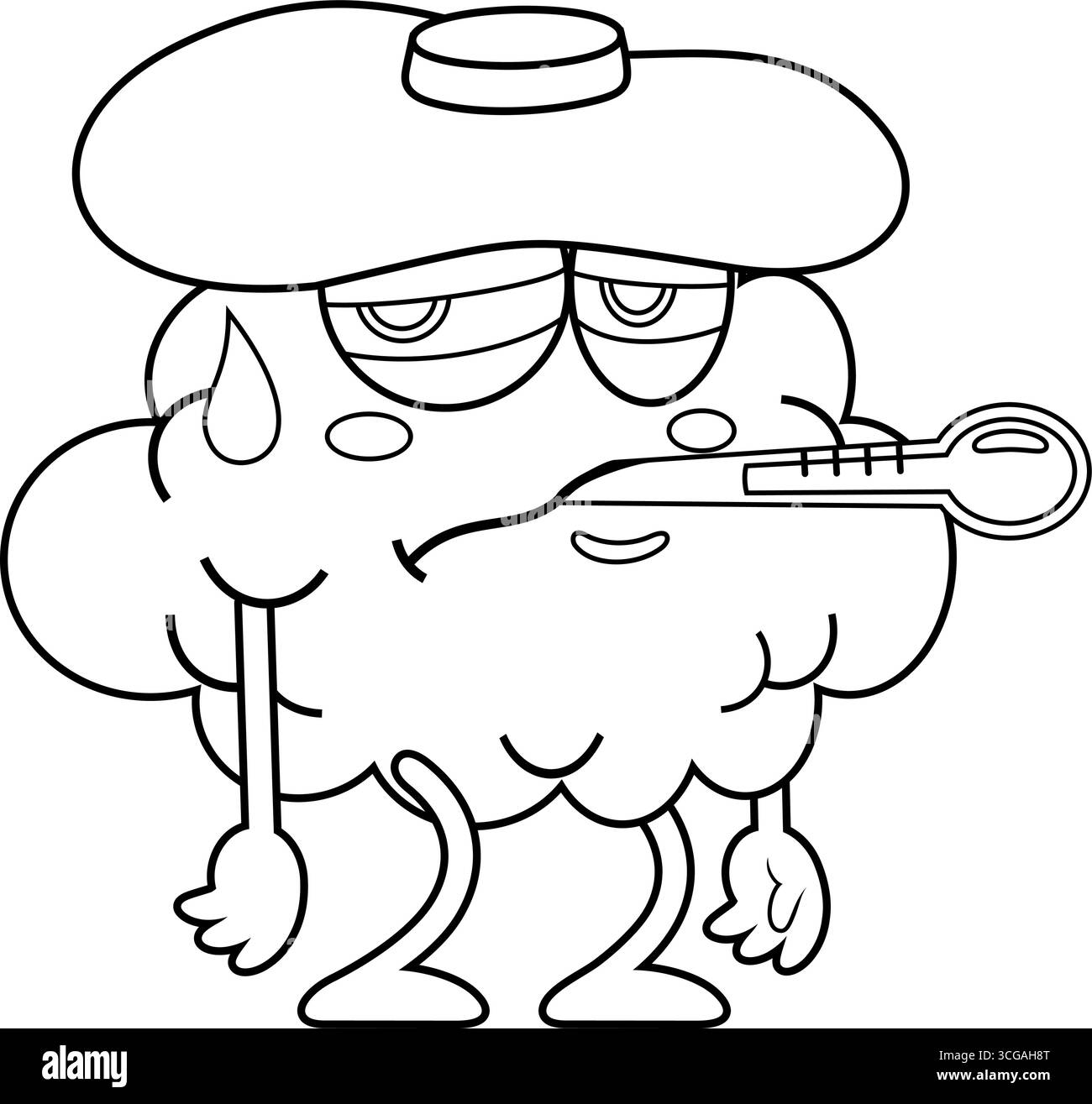 Outlined Sick Brain Cartoon Character With Thermometer. Vector Hand ...