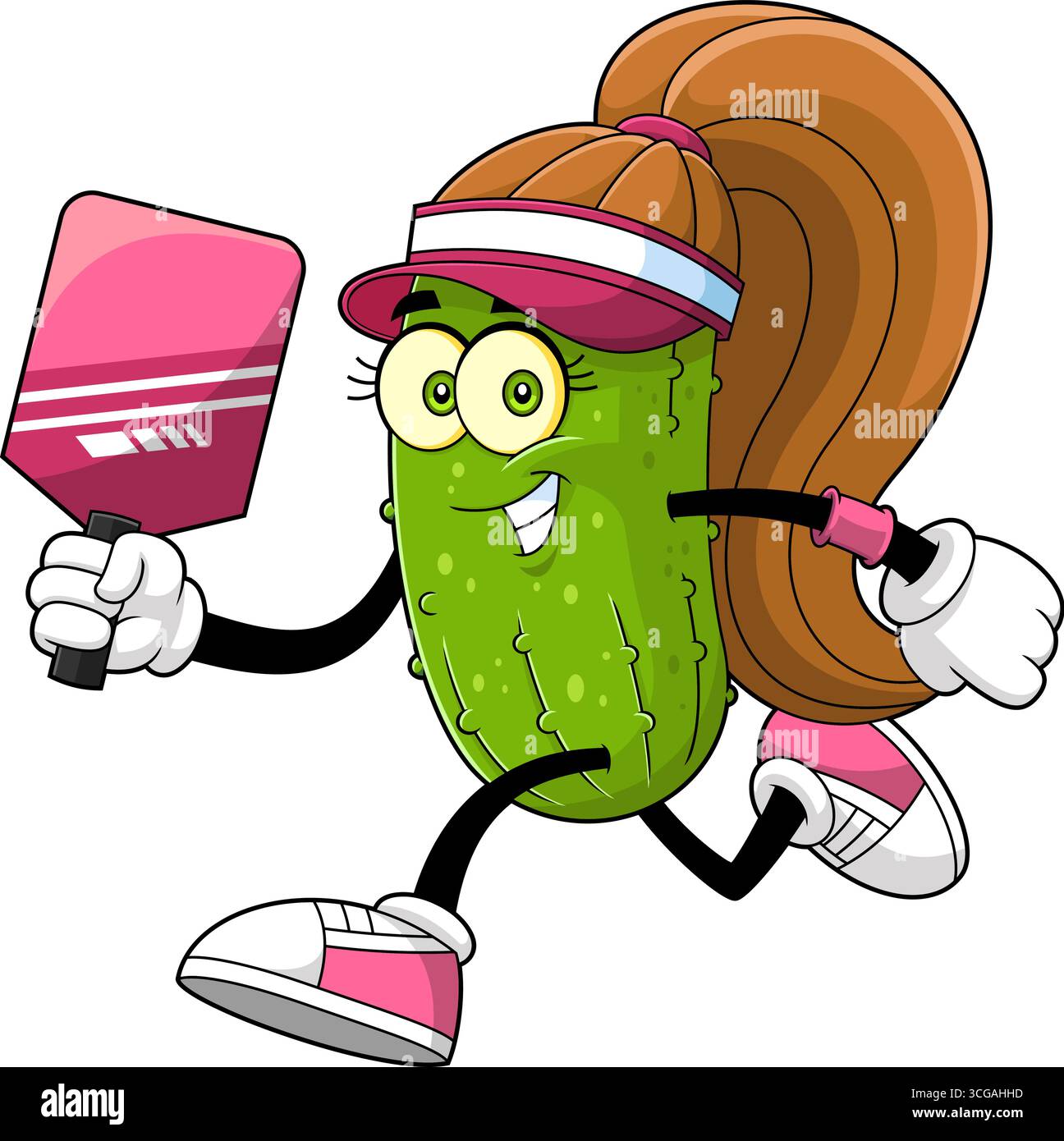 Cute Pickle Girl Cartoon Character Playing Pickleball Sport. Vector ...