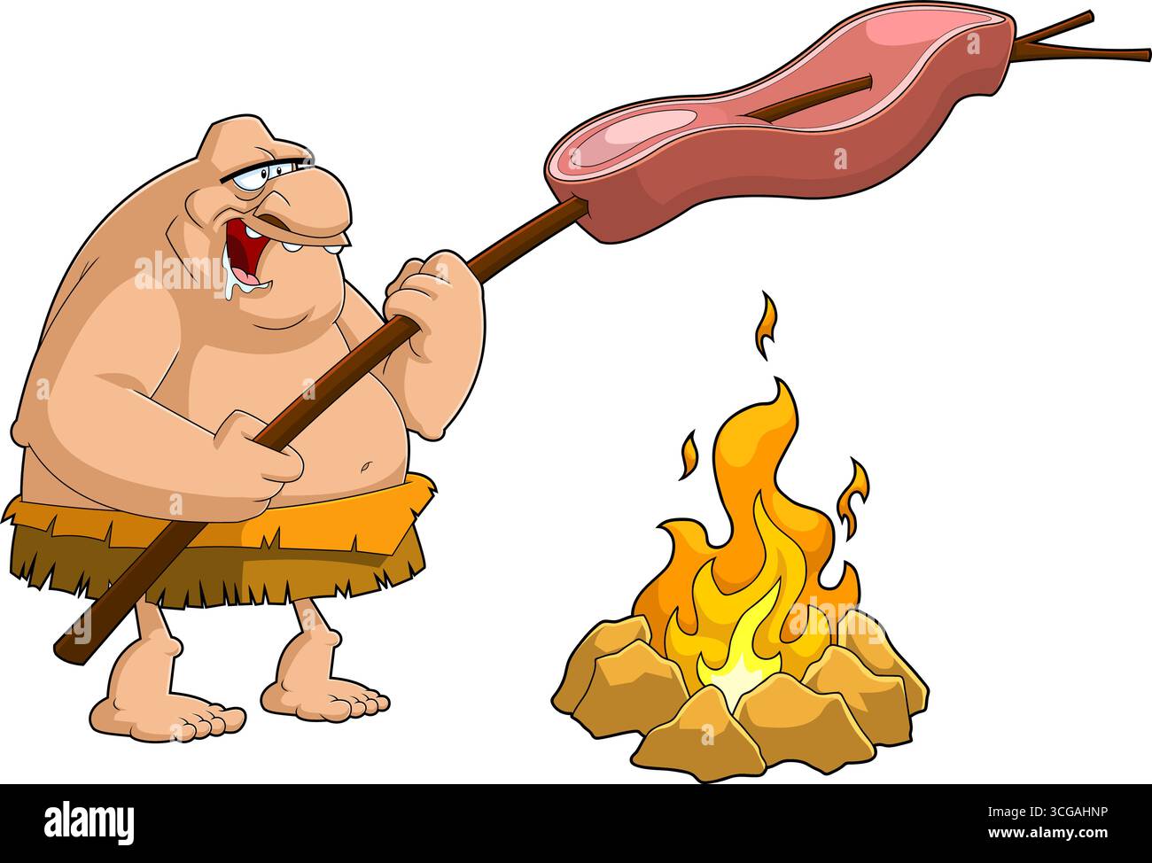 Stupid Caveman Cartoon Character Cooking A Big Steak. Vector Hand Drawn ...
