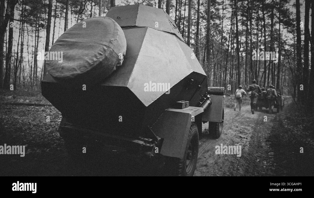 Soviet WWII times Armored Vehicle on Dusty Road in forest Soviet ...