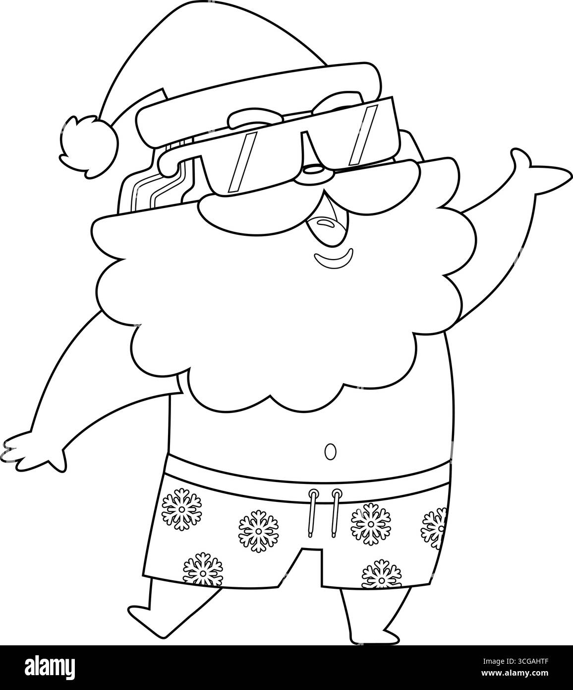 Outlined Happy Summer Santa Claus Cartoon Character Waving For Greeting ...