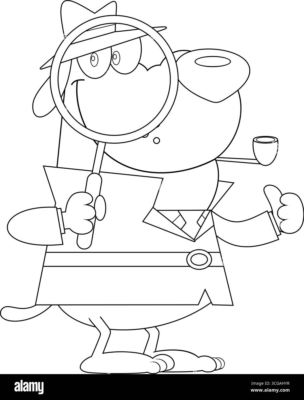 Outlined Detective Dog Cartoon Character Holding A Magnifying Glass And ...