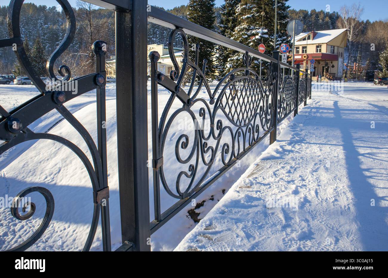 Horizontal photo of an ornate wrought iron railing in perspective and a ...
