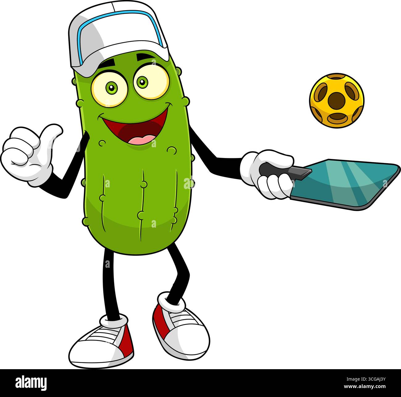 Funny Pickle Cartoon Character Present Pickleball Sport. Vector Hand ...
