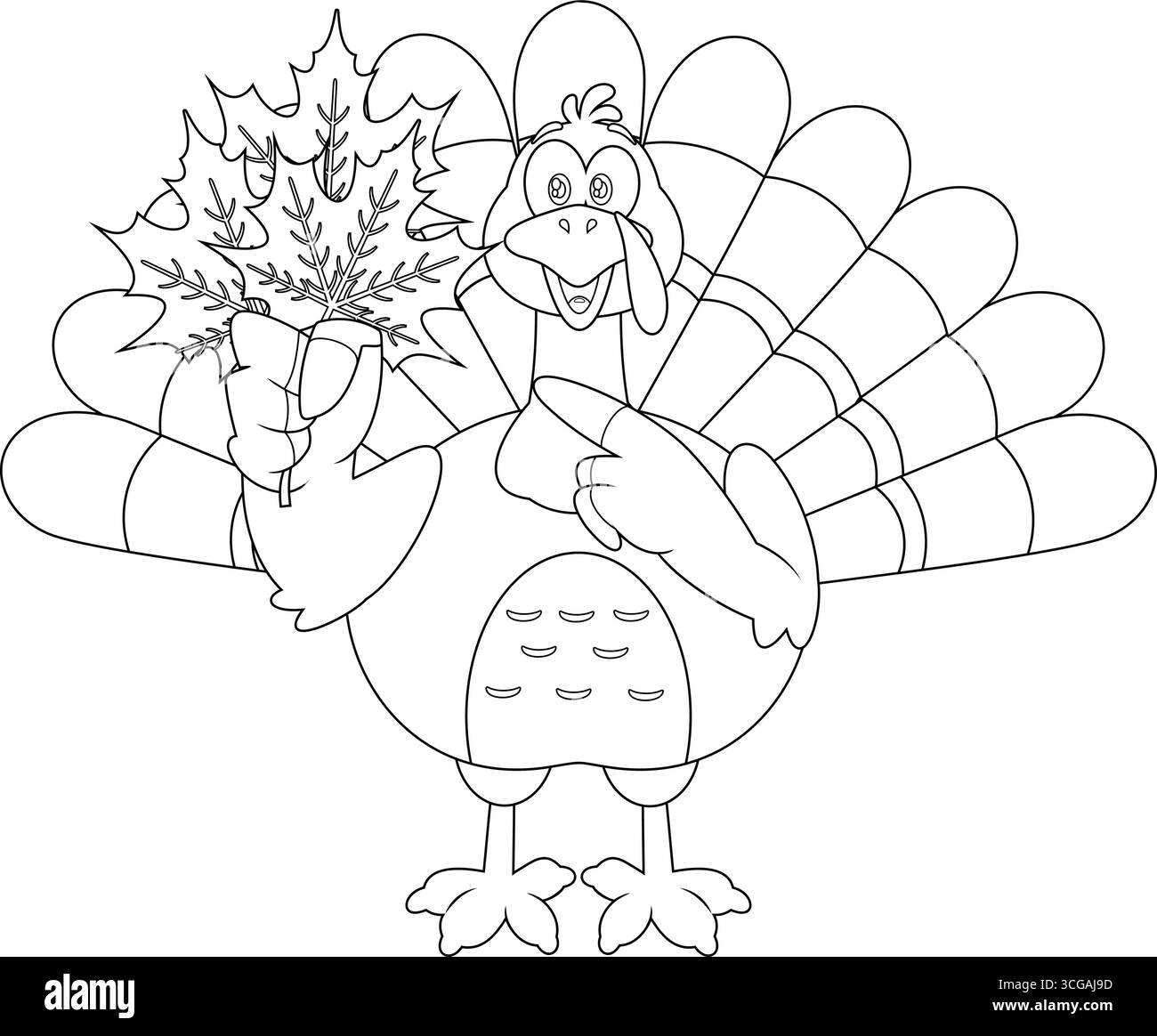 Outlined Happy Thanksgiving Turkey Bird Cartoon Character Holding And ...