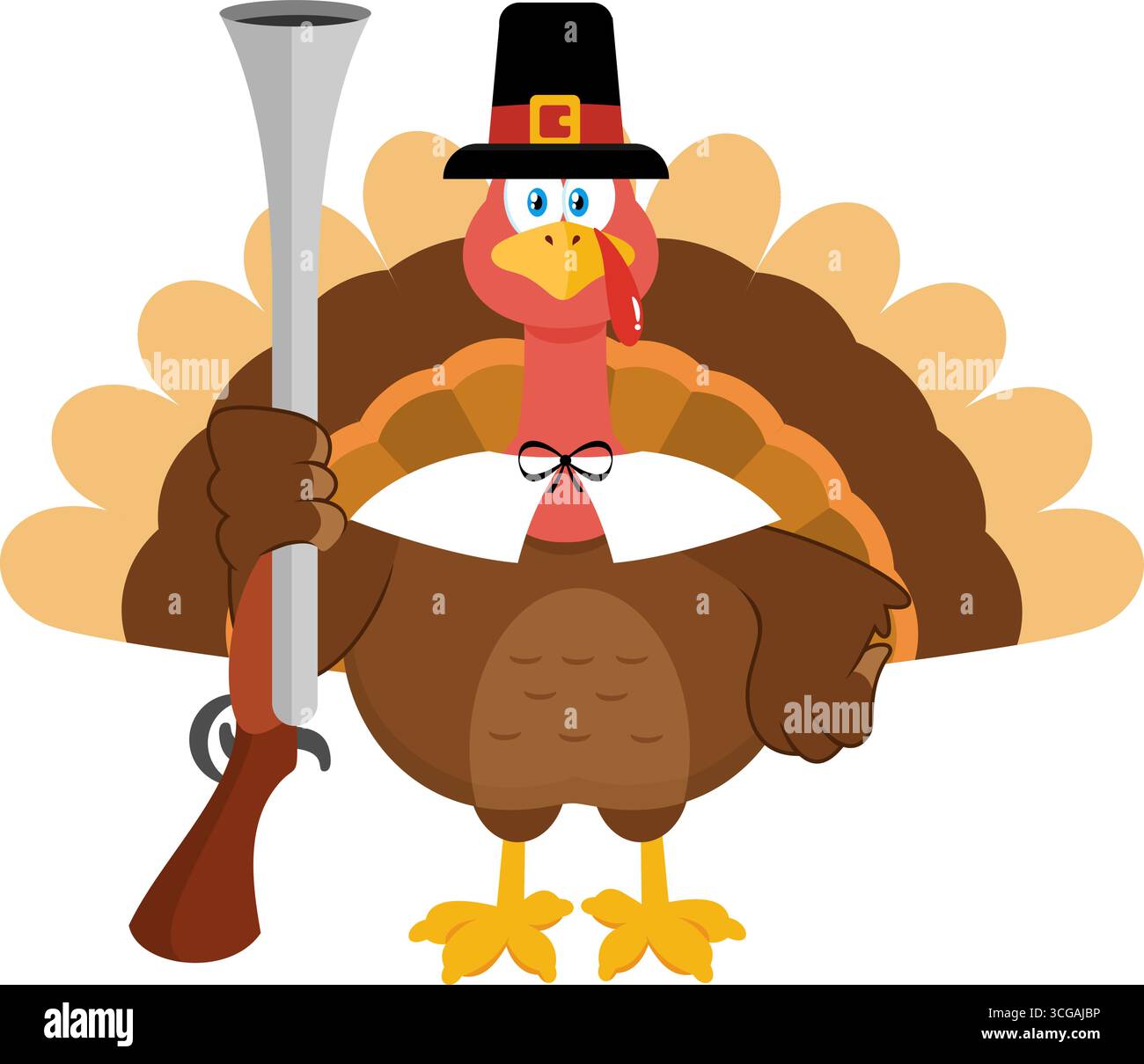 Cute Pilgrim Turkey Bird Cartoon Character Holding A Musket. Vector ...