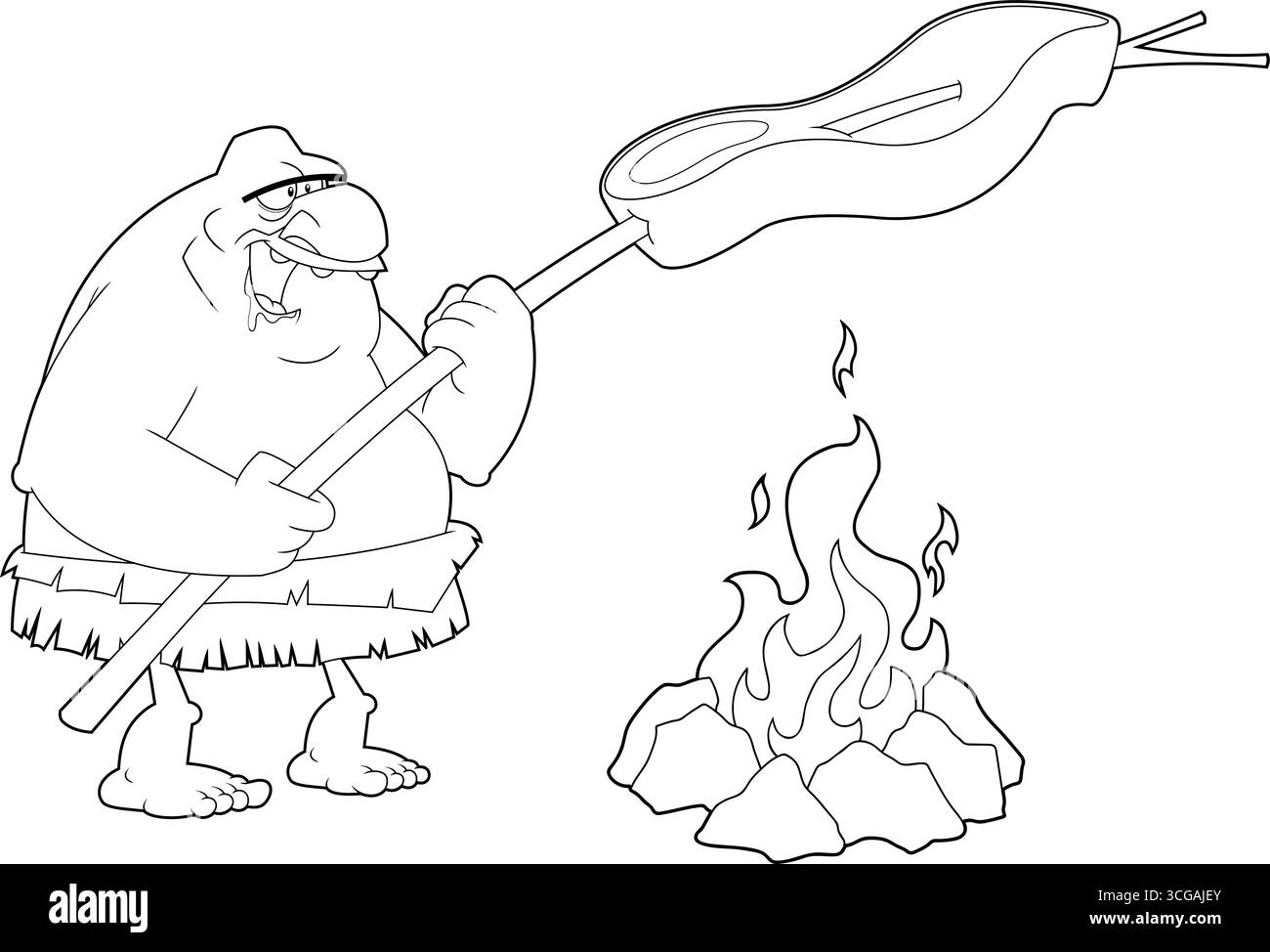Outlined Stupid Caveman Cartoon Character Cooking A Big Steak. Vector ...