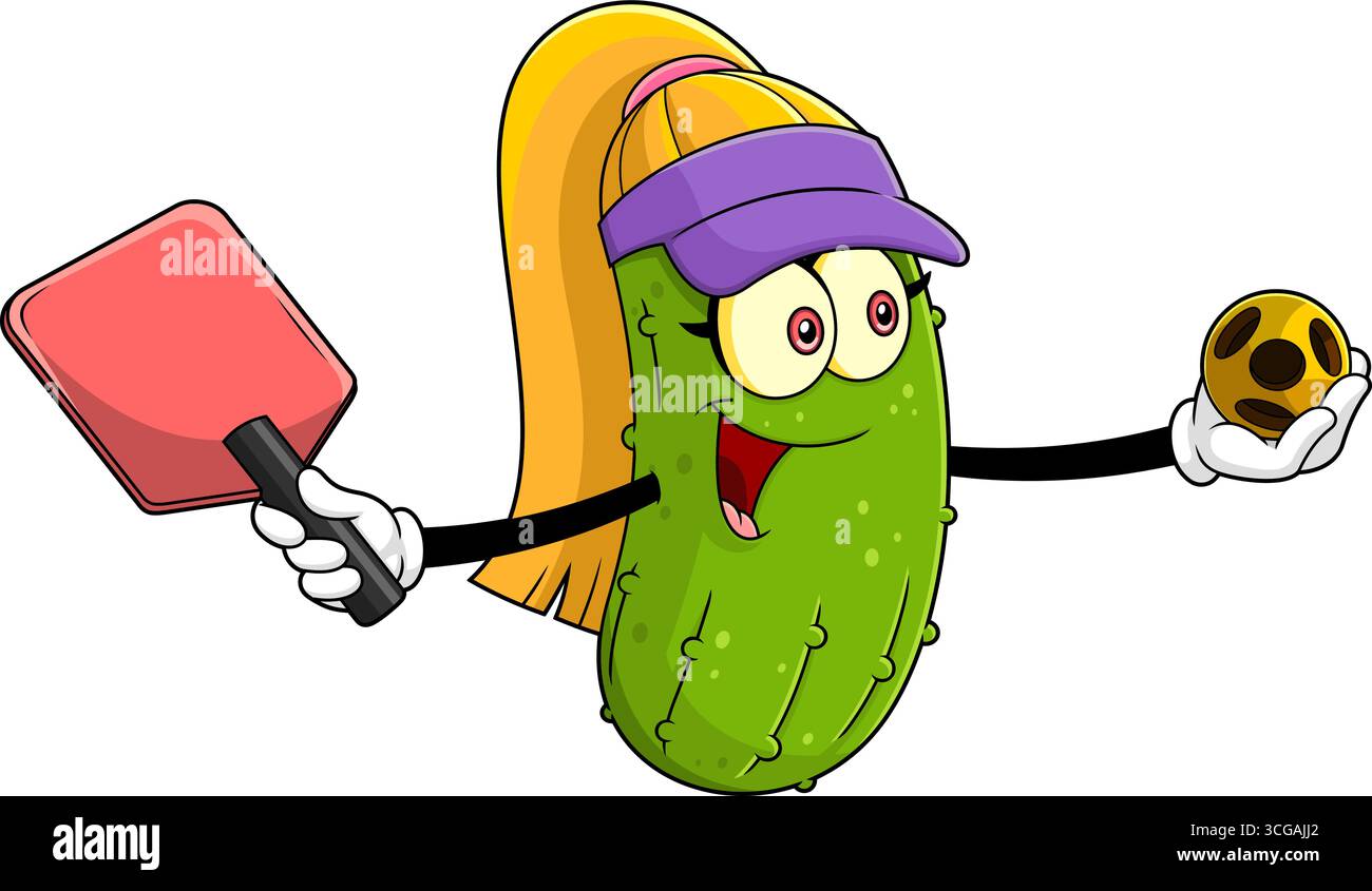Happy Pickle Girl Cartoon Character Playing Pickleball. Vector Hand ...
